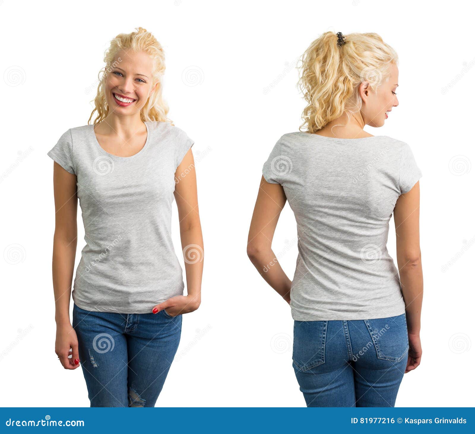 Woman in Grey Round Neck T-shirt Stock Photo - Image of neck, frontside ...