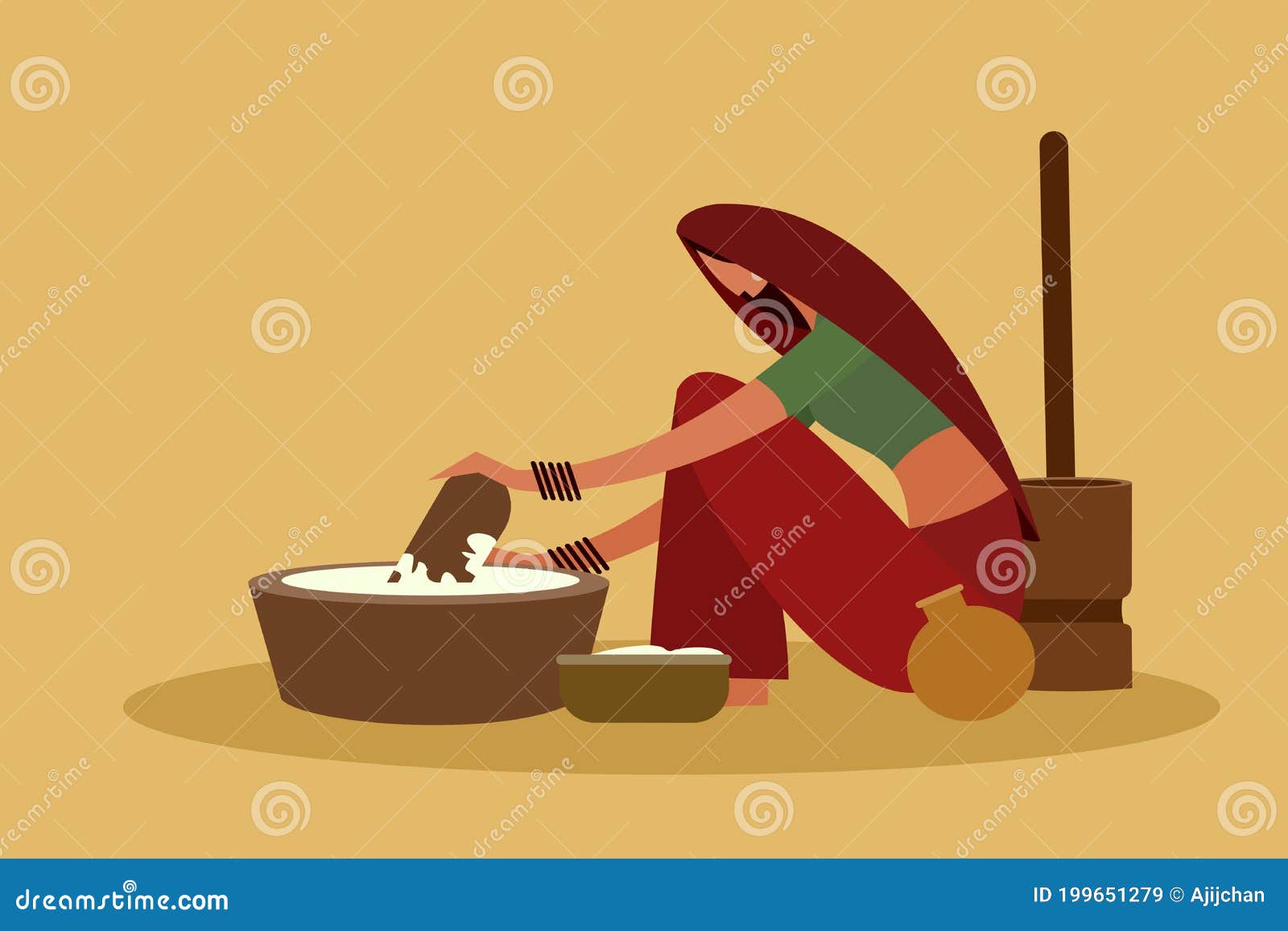 Woman Grinding Flour in the Old Traditional Way Stock Vector ...