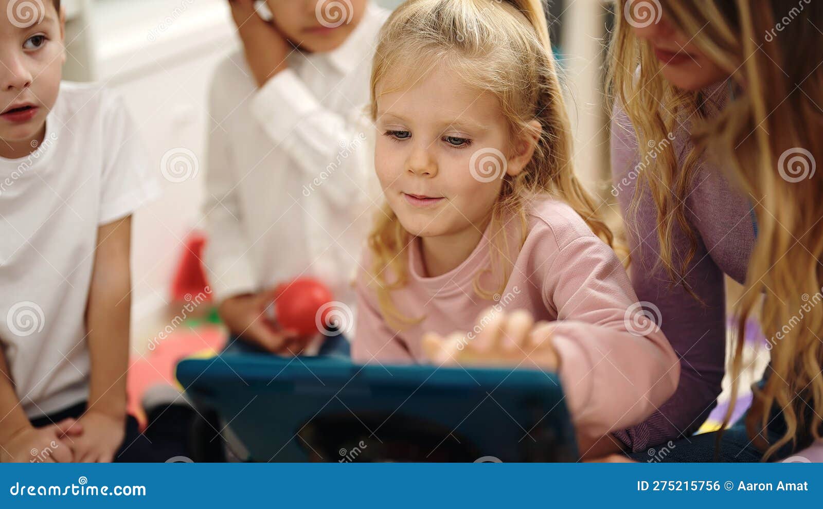 Woman and Group of Kids Having Lesson Using Touchpad at Kindergarten ...
