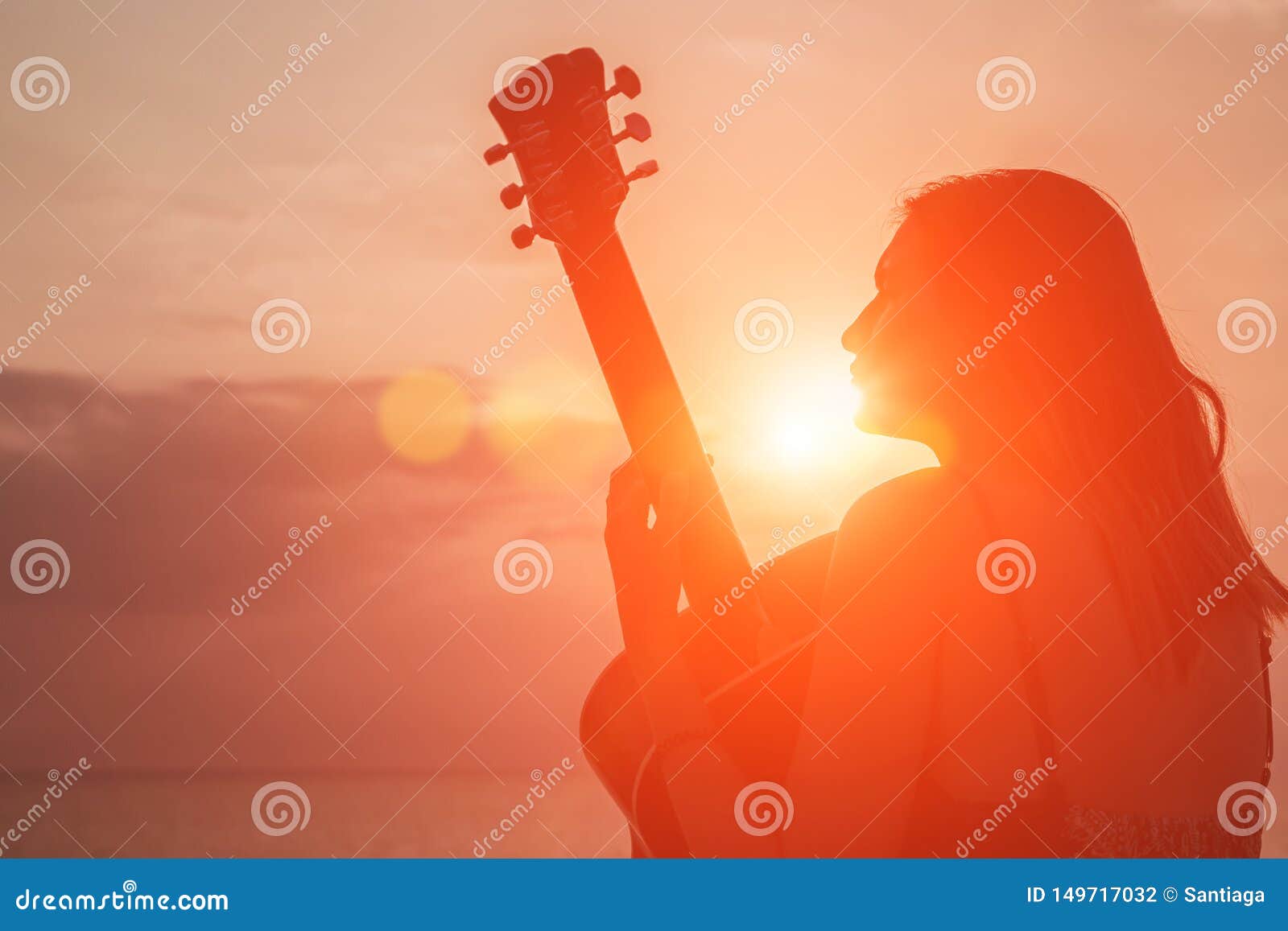 Woman and Guitar with Sunset Silhouette Stock Photo - Image of country ...