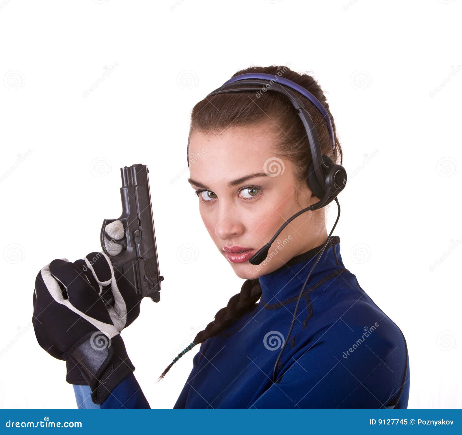 Woman with Gun Support Customer. Stock Image - Image of headphone ...