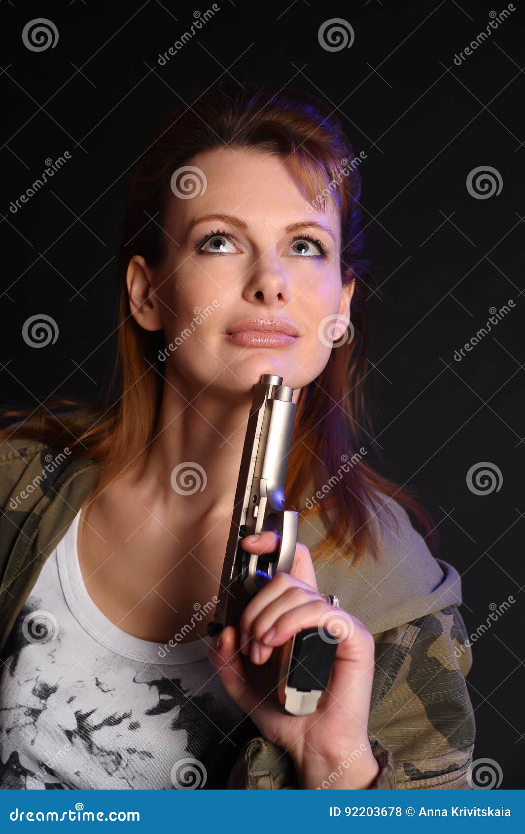Woman with gun stock photo. Image of smiling, posing - 92203678