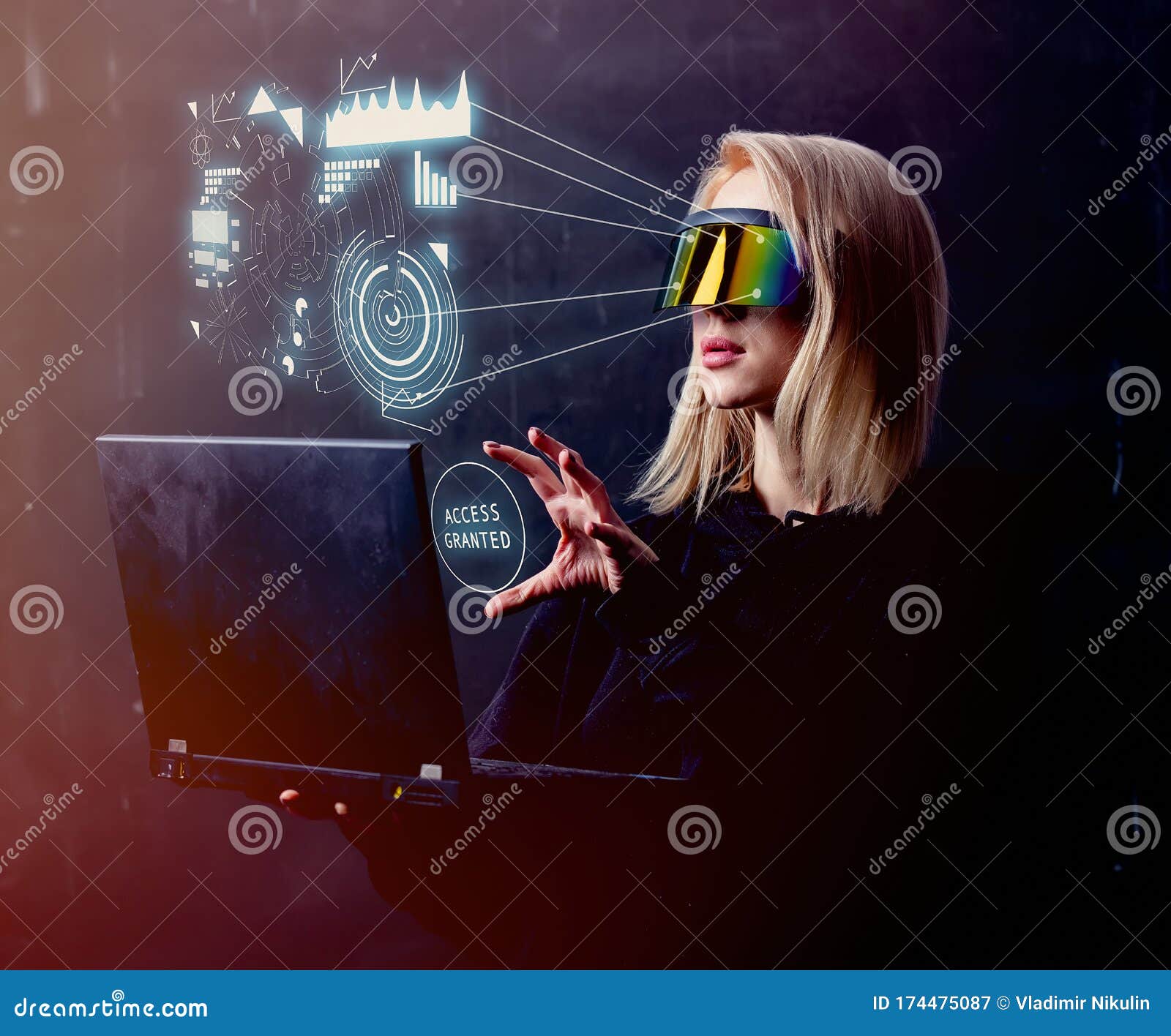 Woman Hacker Using A Laptop In A Room With Question Mark On It Royalty ...