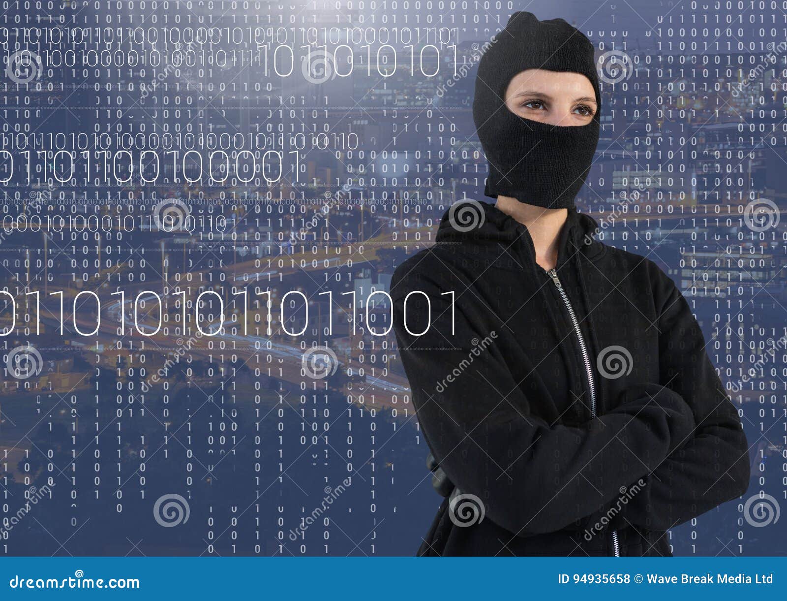 Woman Hacker with Hood Standing on in Front of Blue Digital Background ...