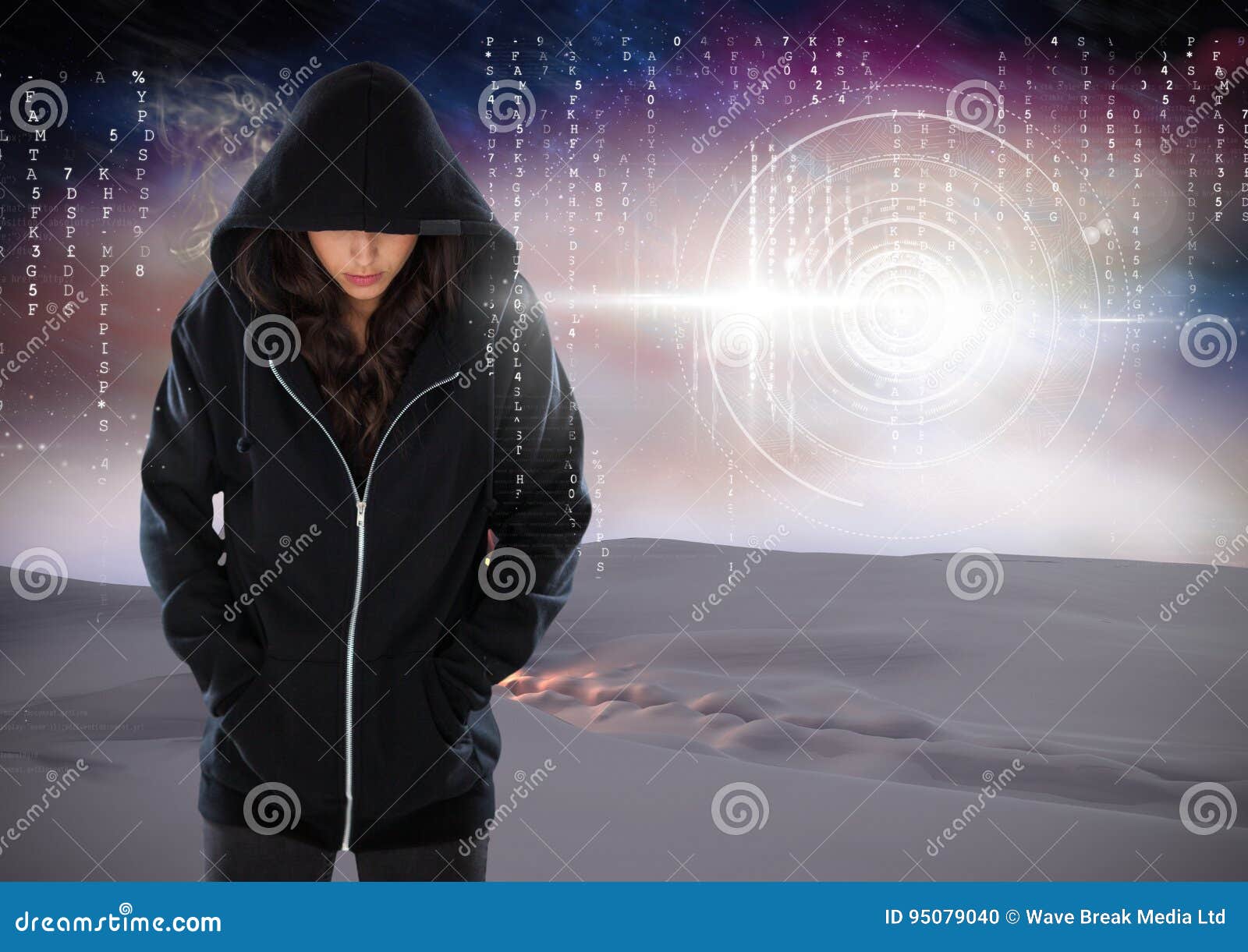 Woman Hacker Hooded Standing On In Front Of Digital Background Stock ...