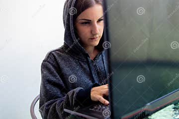Woman Hacker Programmer is Working on Computer in Cyber Security Center ...