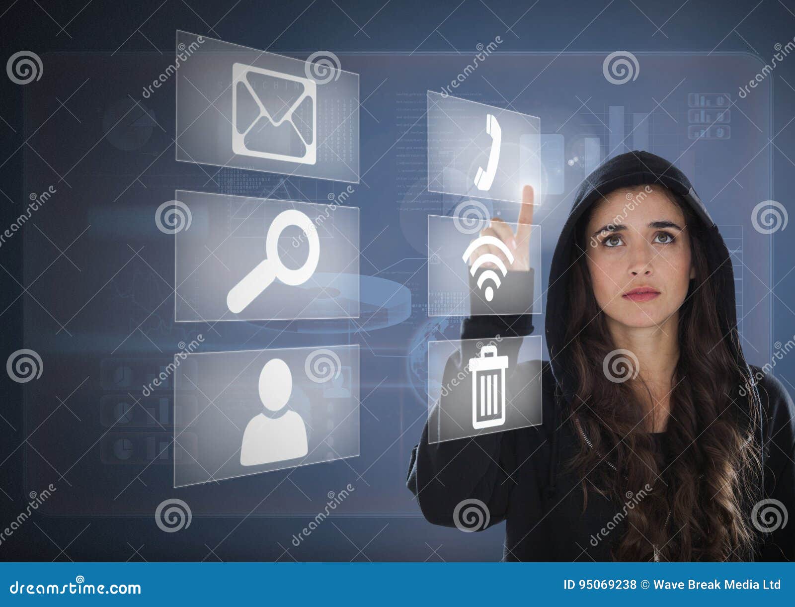 Woman Hacker Touching Digital Icons on Screen with Her Finger Stock ...
