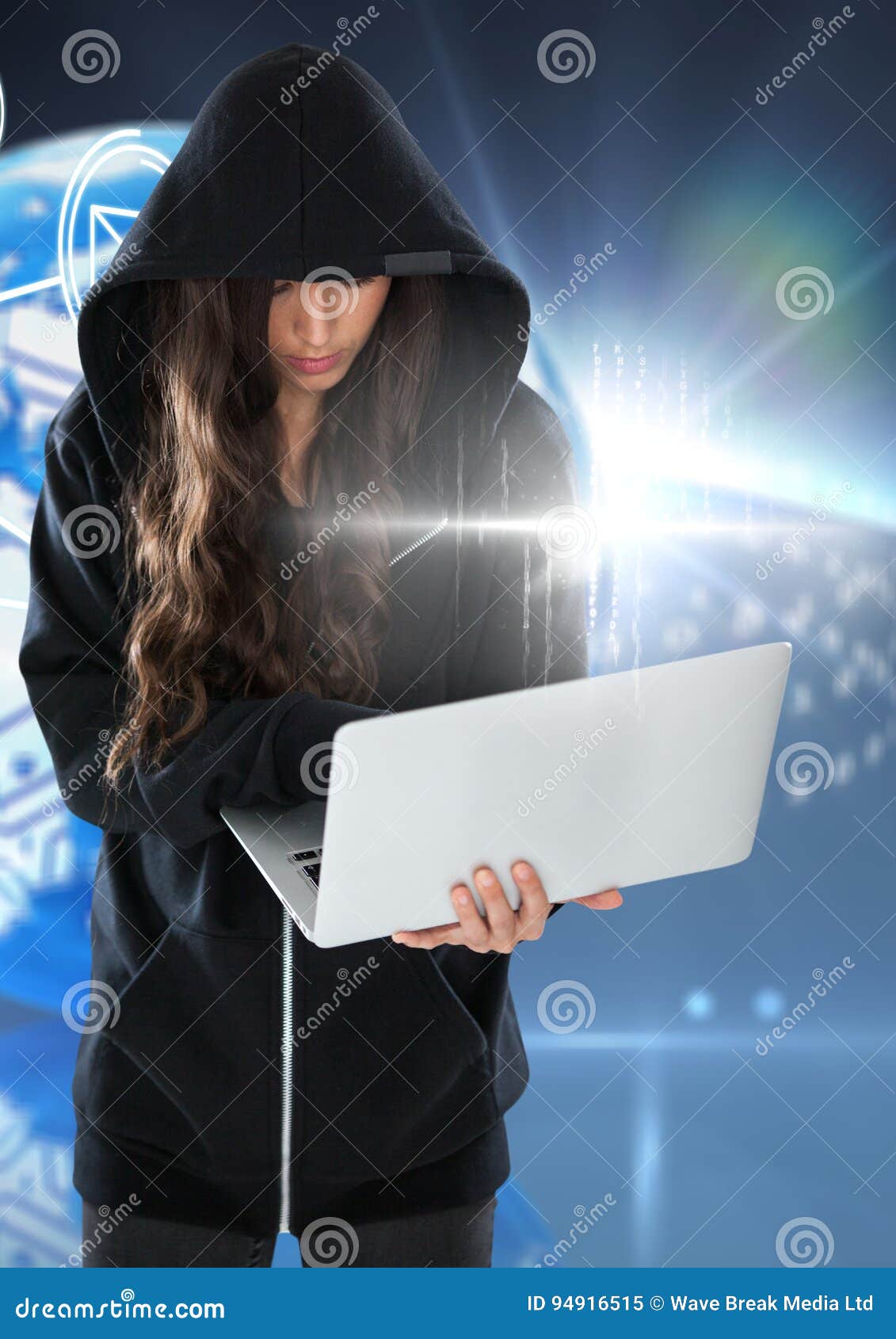 Woman Hacker Using Laptop Front Blue Digital Background Photos - Free ...