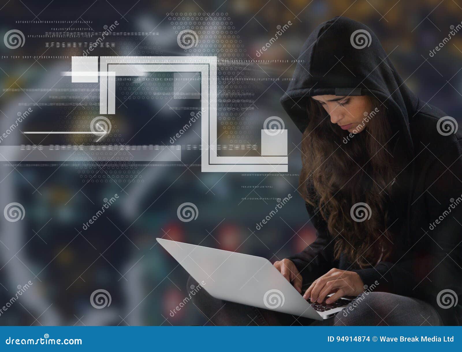 Woman Hacker Using a Laptop in Front of Digital Background Stock Photo ...