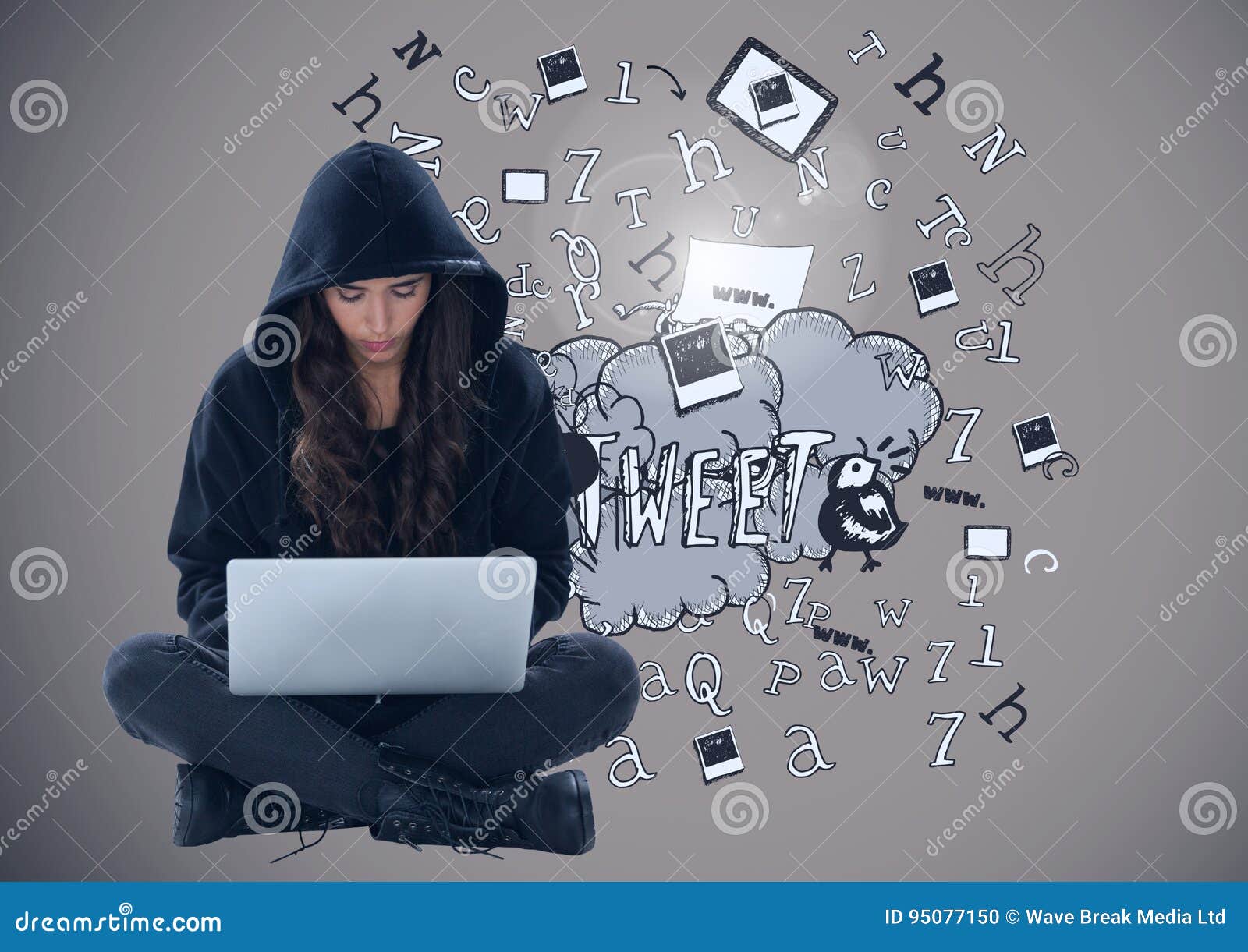 Woman Hacker Using a Laptop in Front of Drawings Stock Photo - Image of ...