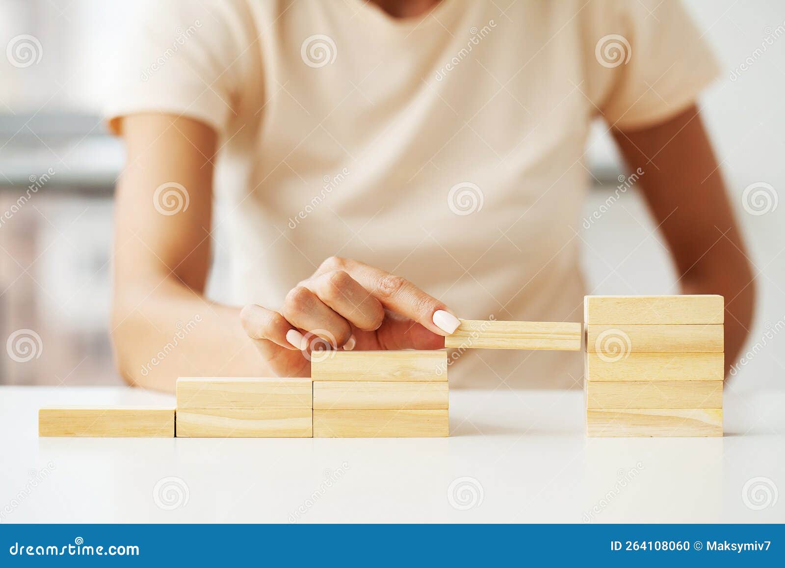 Woman Hand Arranging Wood Cube Stacking As Stair Step Shape Stock Photo ...
