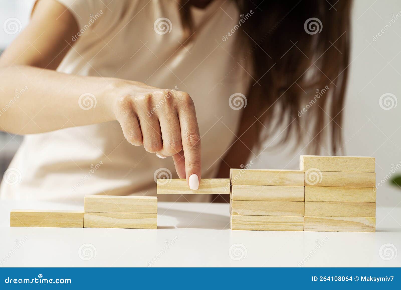 Woman Hand Arranging Wood Cube Stacking As Stair Step Shape Stock Photo ...