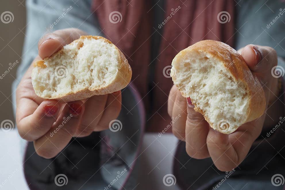 Woman Hand Cracking a Bun or Bread Stock Photo - Image of healthy ...
