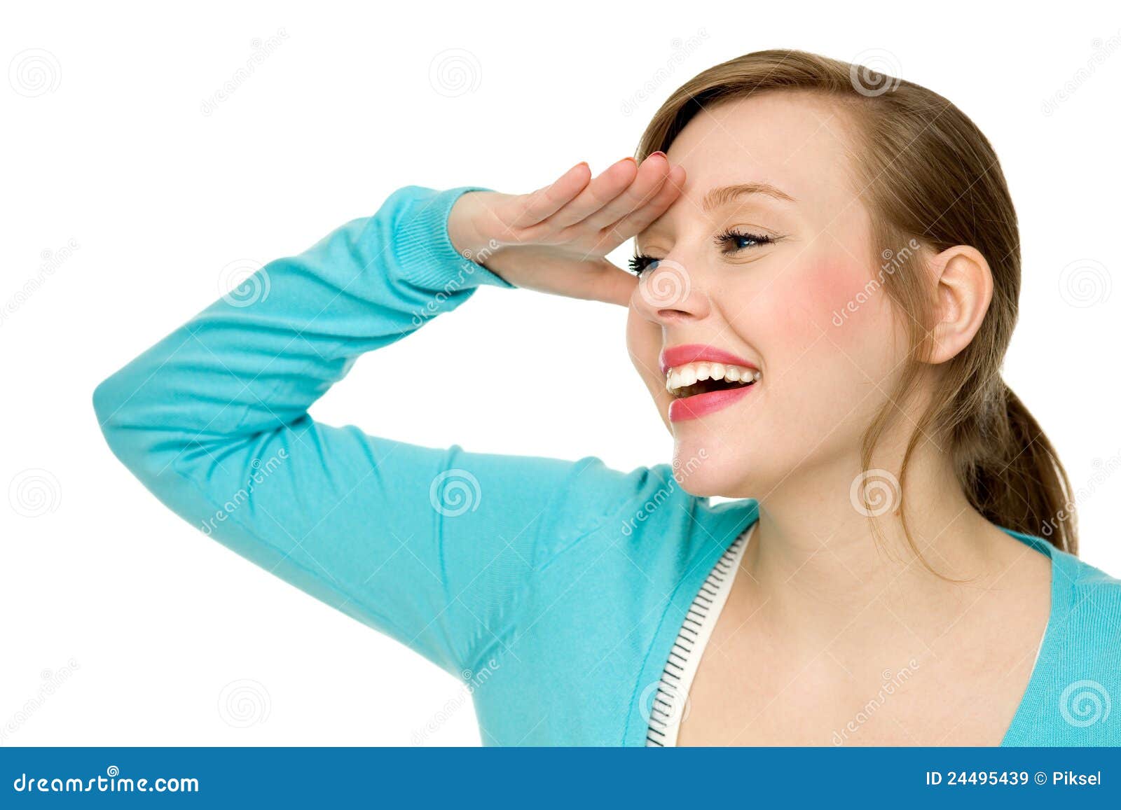 Woman with Hand on Forehead Looking into Distance Stock Image - Image ...