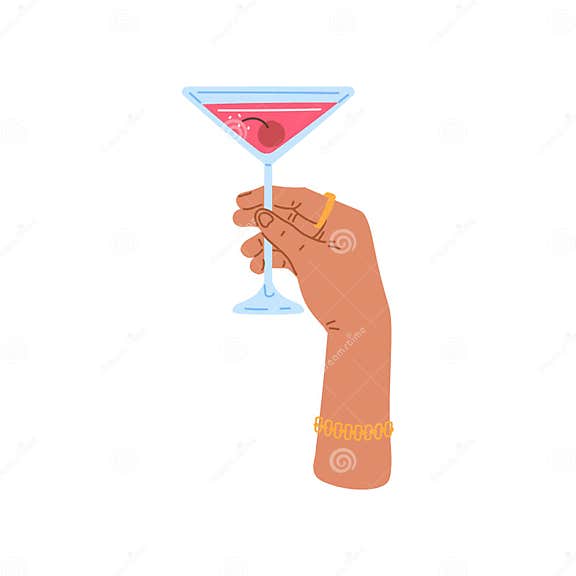 Woman Hand Holding Cocktail Glass Alcohol Pink Beverage With Cherry