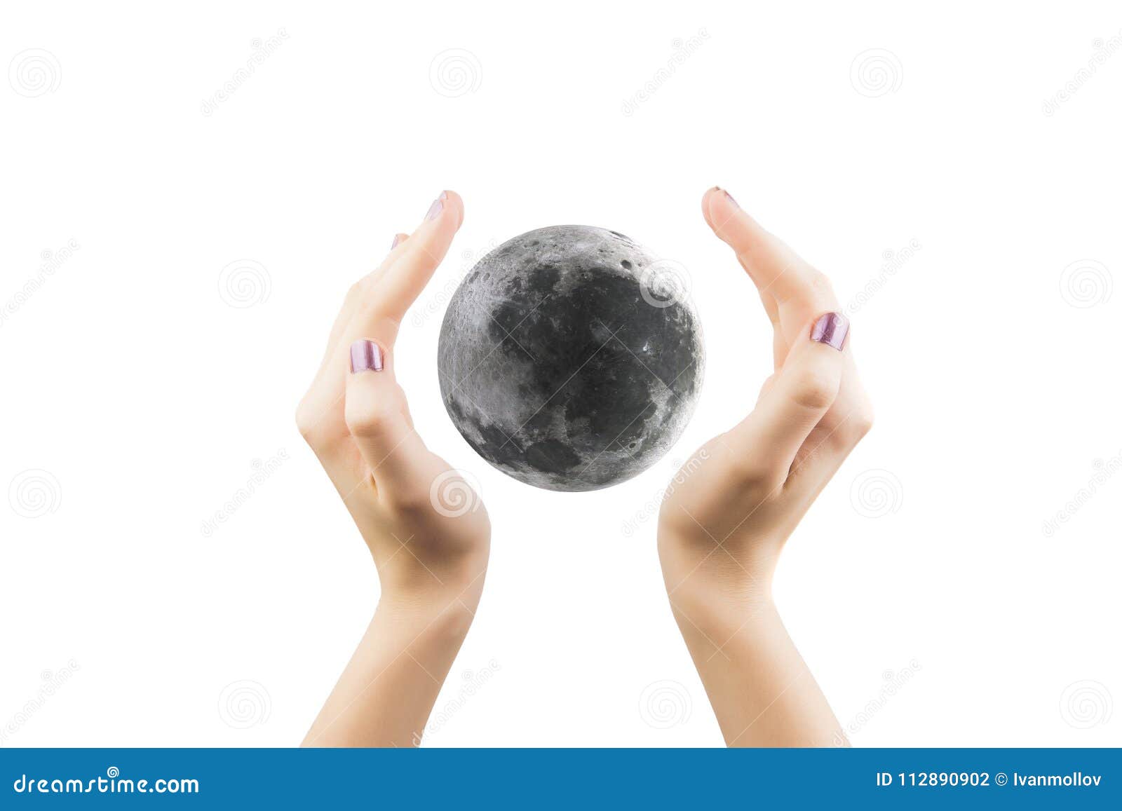 Woman Hand Holding 3D Rendering of the Moon Stock Photo - Image of ball ...