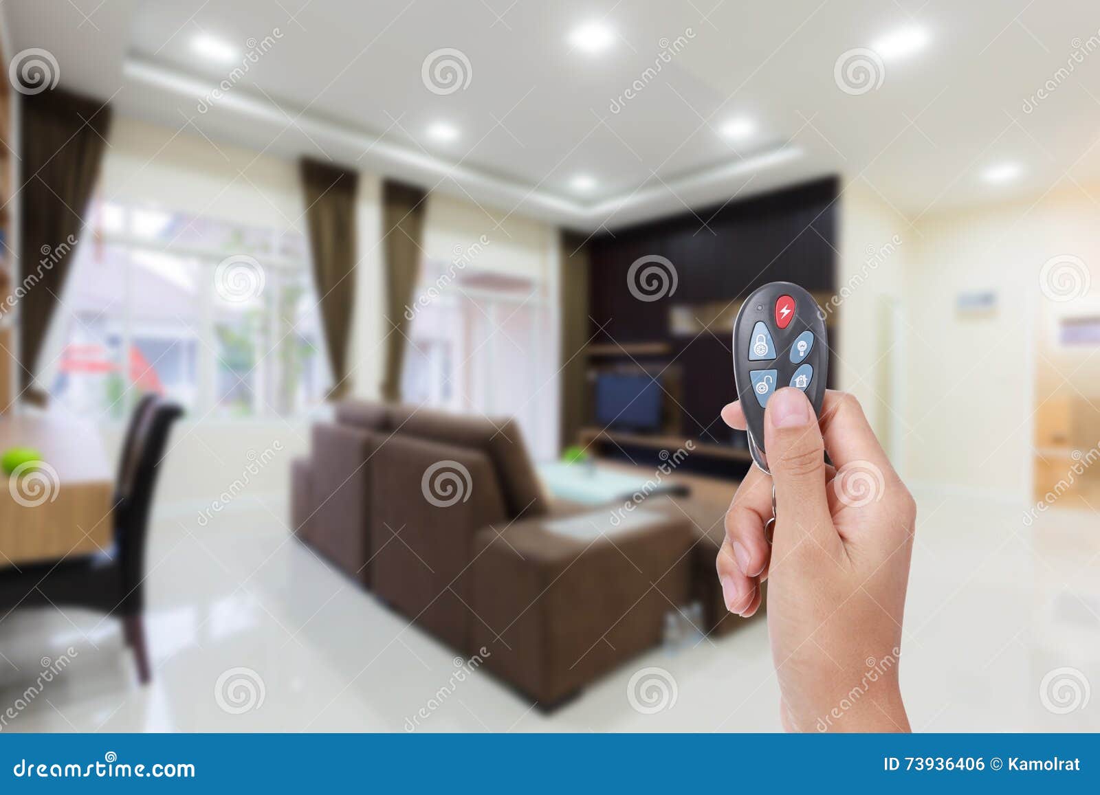 Woman Hand Holding Remote Controlled Home Security System Stock Photo ...