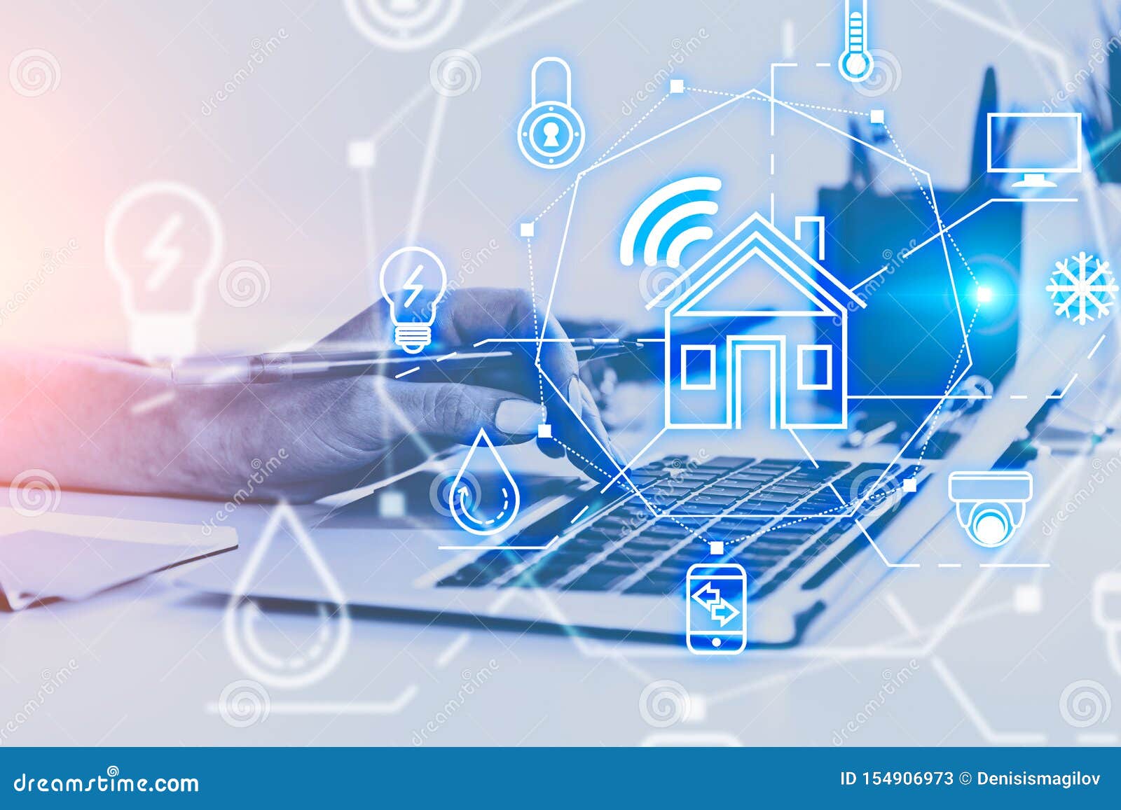 Woman Hand on Laptop, Smart Home Interface Stock Image - Image of ...