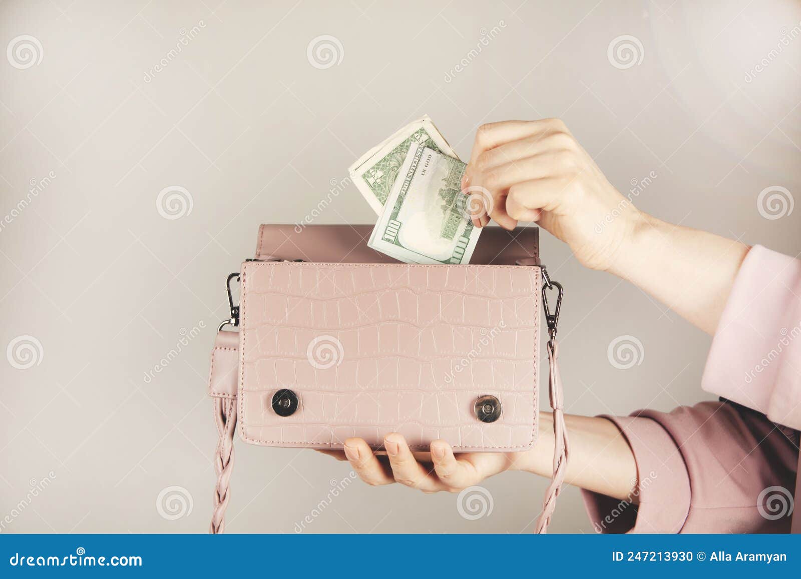 Woman hand money with bag. stock photo. Image of financial - 247213930