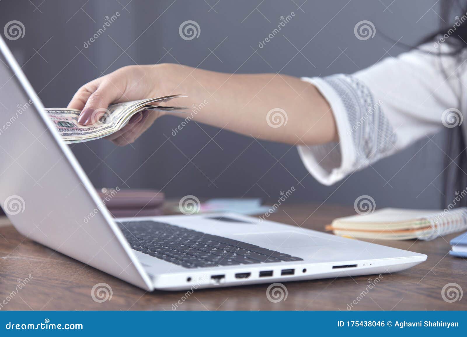 Woman Hand Money with Computer Stock Photo - Image of money, internet ...