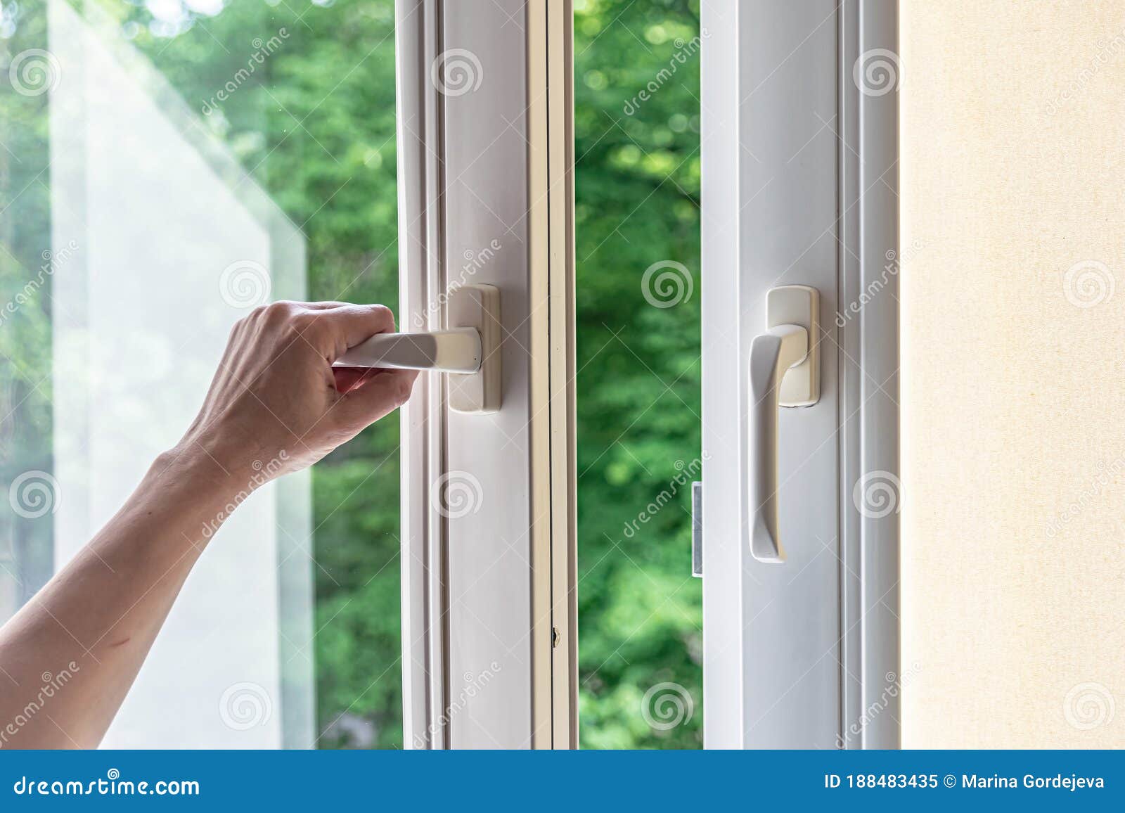 Woman Hand Opens a Plastic Window for Airing. Modern Plastic Windows ...