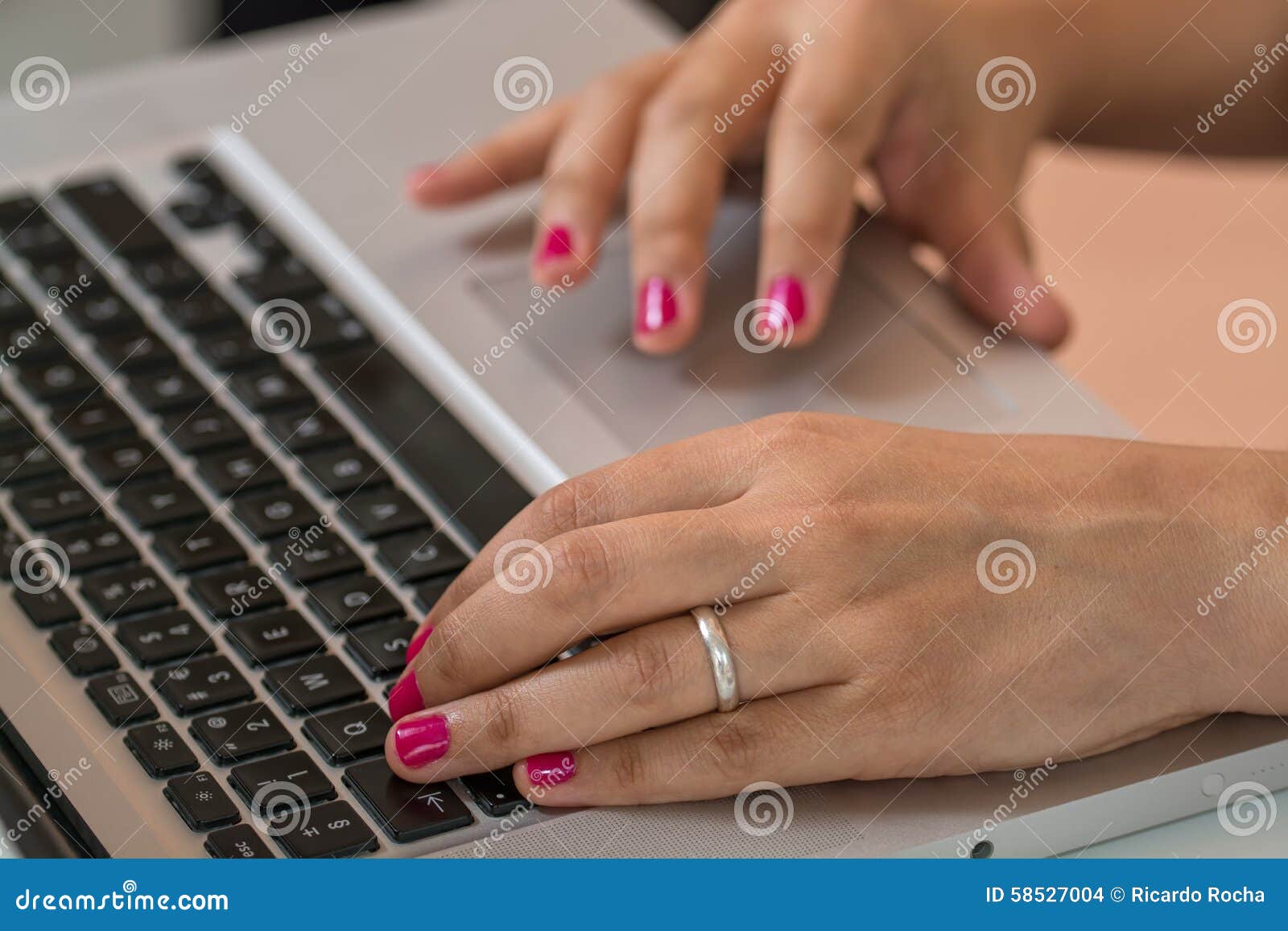 Woman hand on pc stock photo. Image of nails, hands, tecnology - 58527004