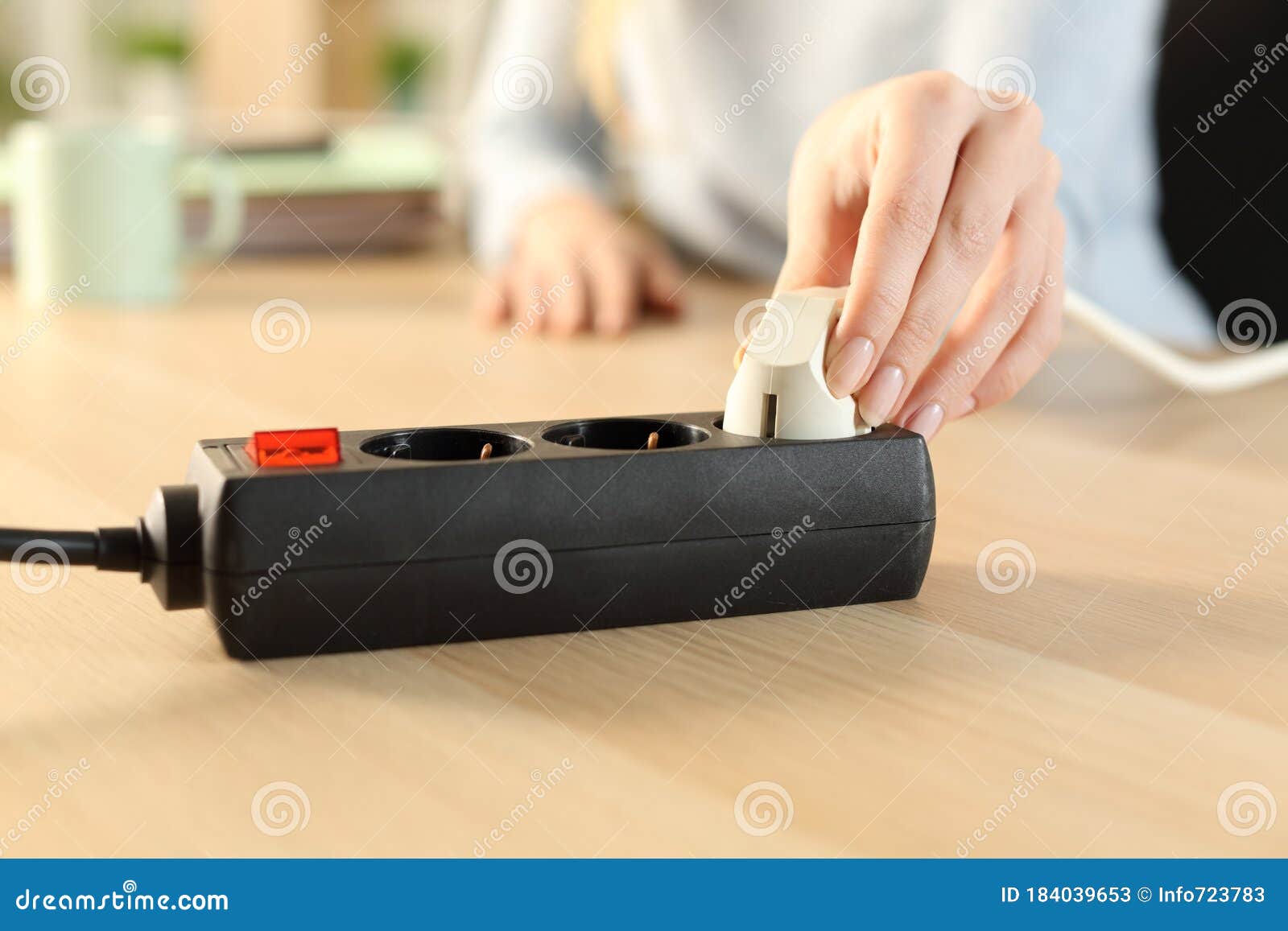 Woman Hand Plugging Plug on a Power Strip Socket Stock Image - Image of ...