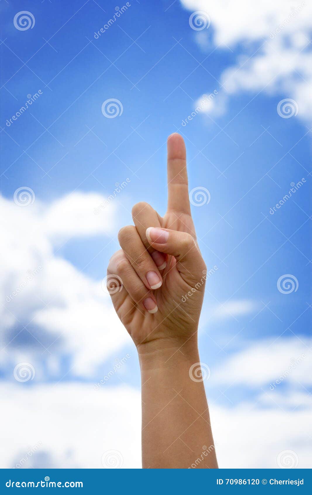 Woman Hand Point on Sky Against White Clouds Stock Photo - Image of ...