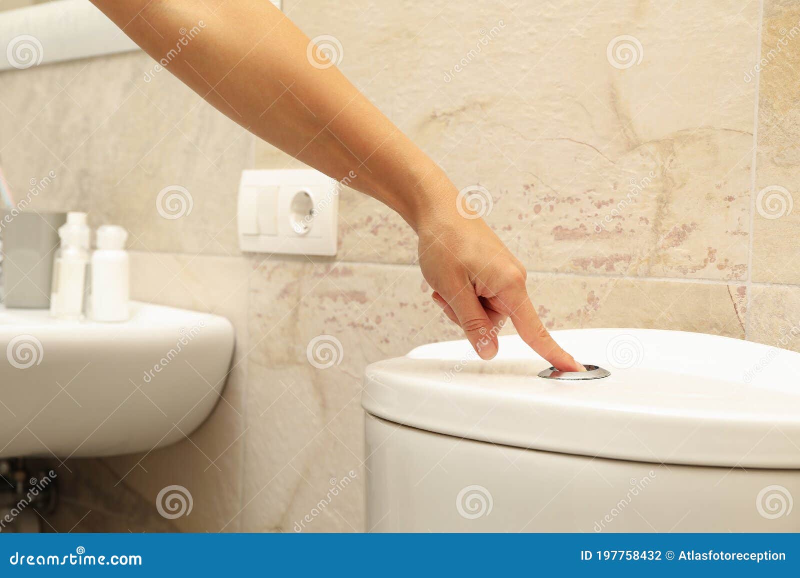 Woman Hand Presses the Toilet Flush Button Stock Photo - Image of press ...