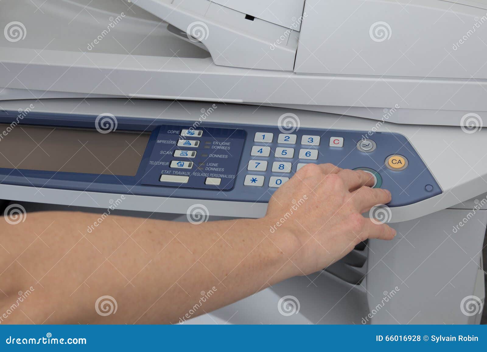 Woman Hand Pressing Start Button on Printer Stock Photo - Image of ...