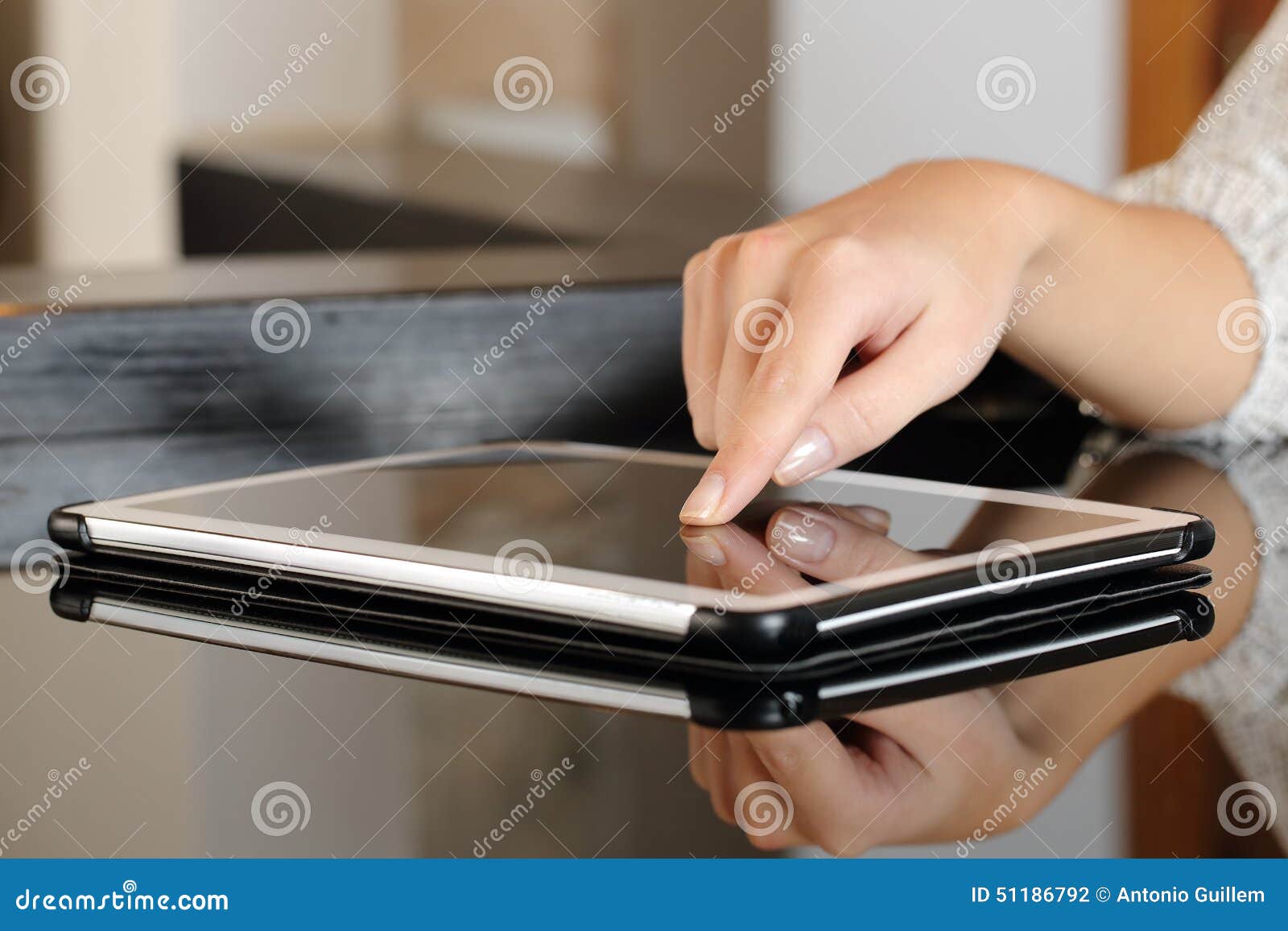 Woman Hand Pressing a Tablet Touch Screen Stock Photo - Image of ...