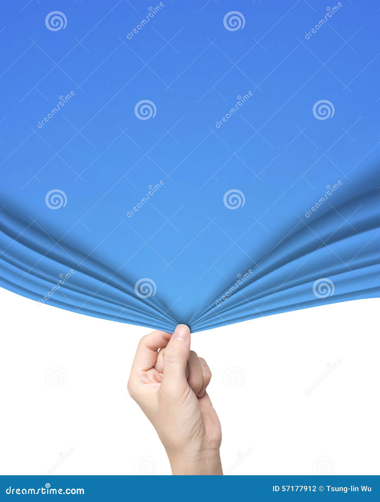 Woman Hand Pulling Open Blue Curtain Covering Blank White Stock Photo ...
