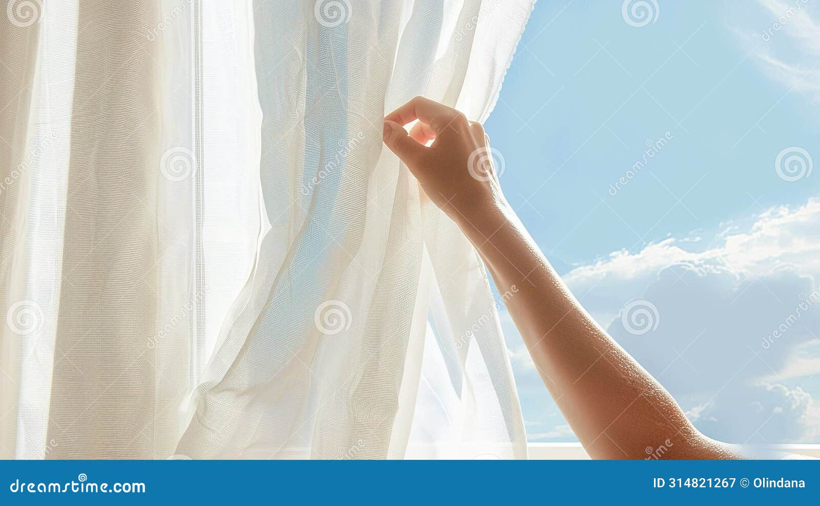 Woman Hand Pulling White Transparent Curtain Aside. Blue Sky Bright ...