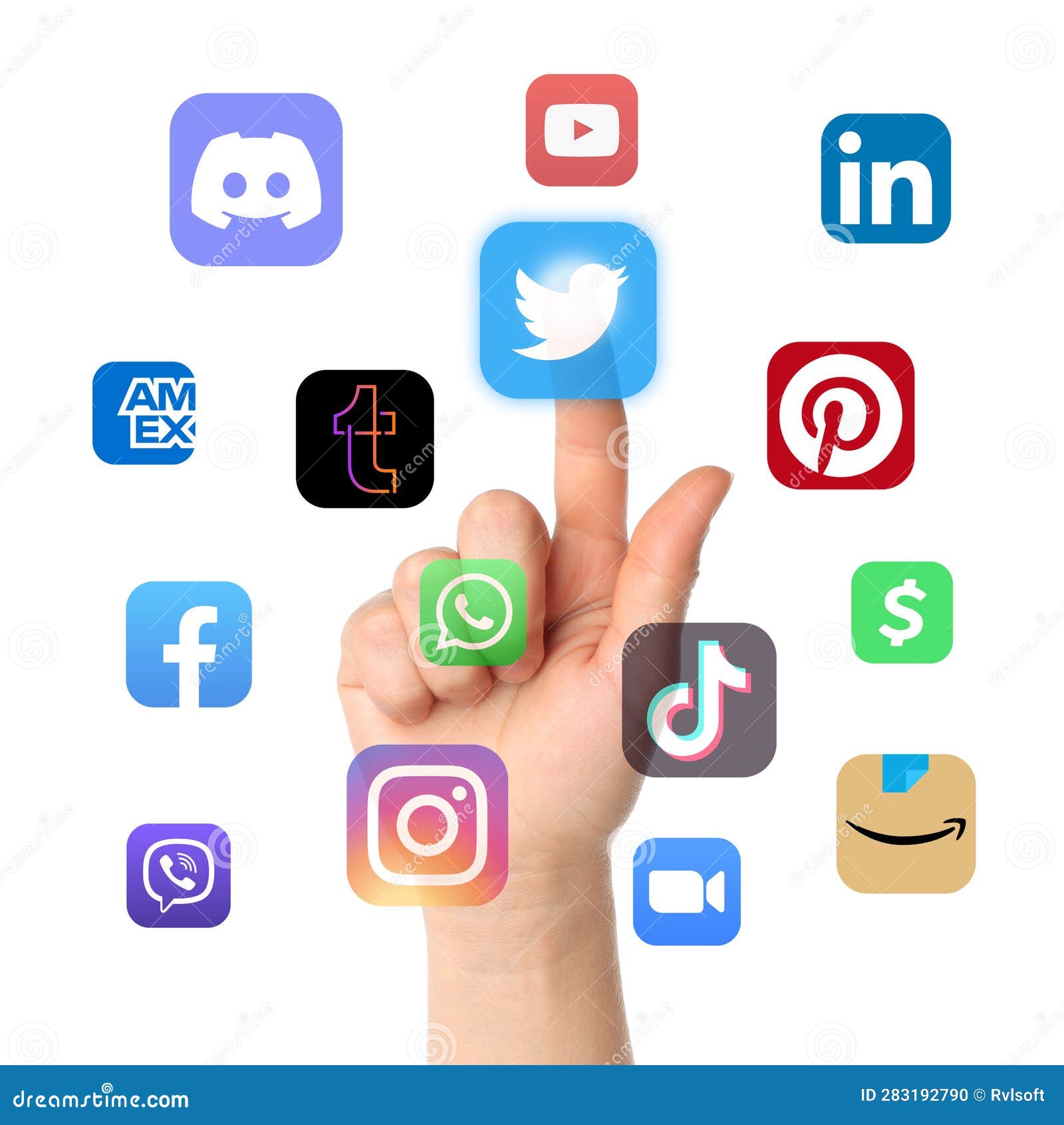 Woman Hand Pushing Virtual Social Media App Icon On White Background