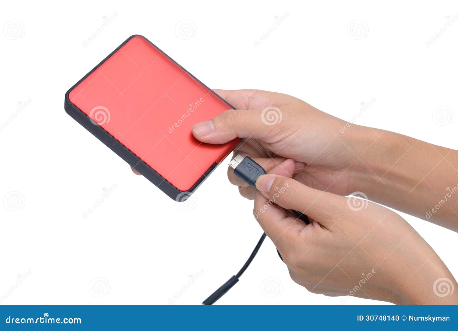 Woman Hand Put USB Cable into External Hard Disk Isolated on White ...