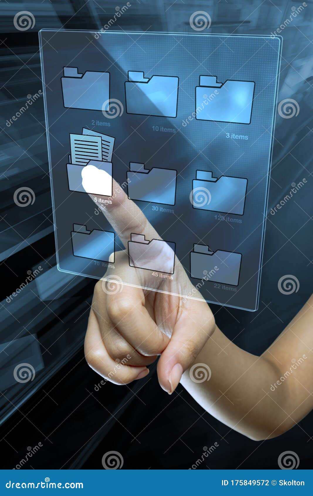 A Woman Hand is Searching Data in a Folder on a Digital Screen Stock ...