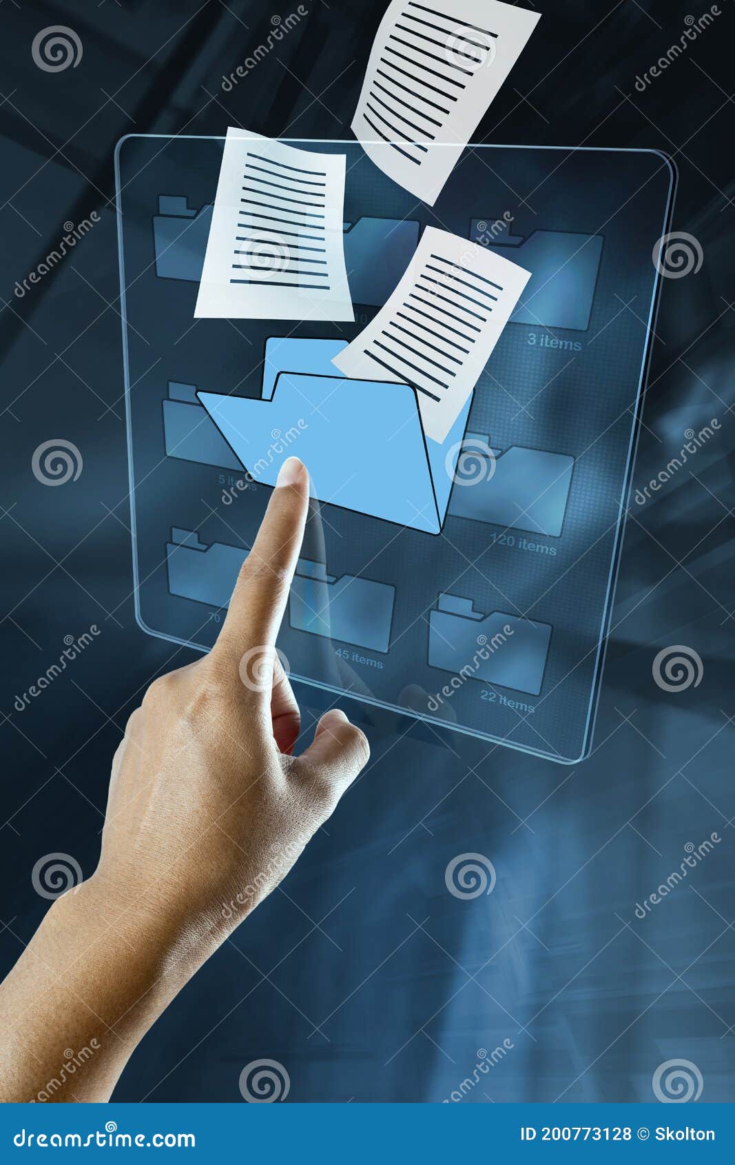 A Woman Hand is Searching Data in a Folder on a Digital Screen Stock ...