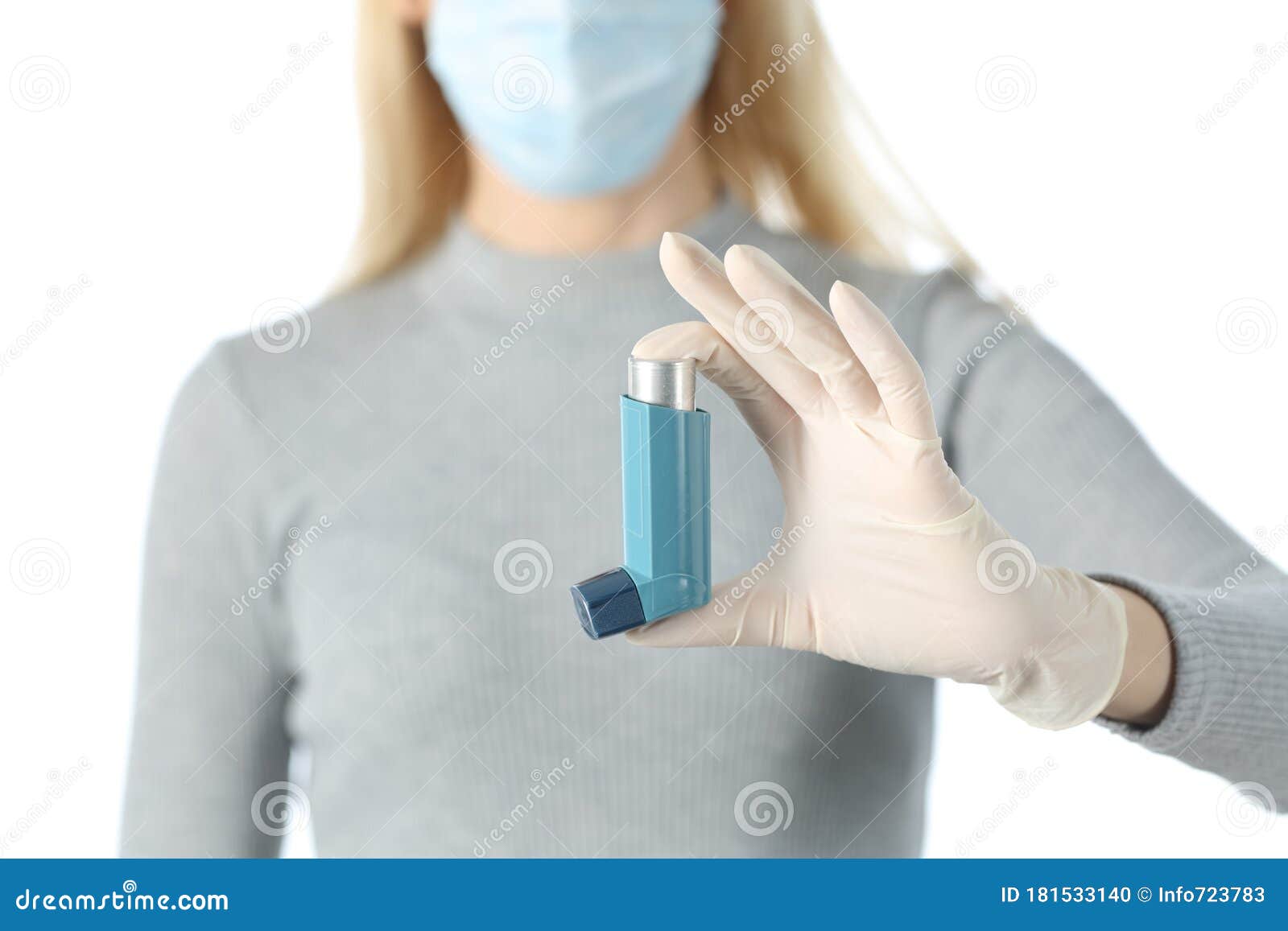 Woman Hand Showing Inhaler Avoiding Covid-19 Isolated on White Stock ...