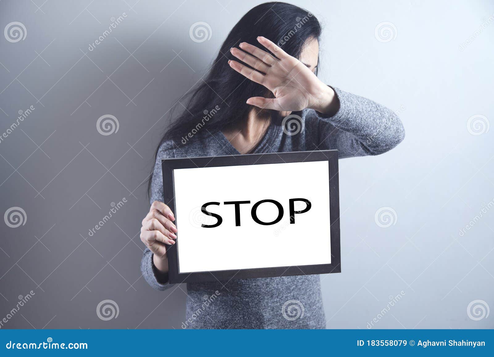 Woman Hand Stop Text on Frame Stock Image - Image of stop, text: 183558079
