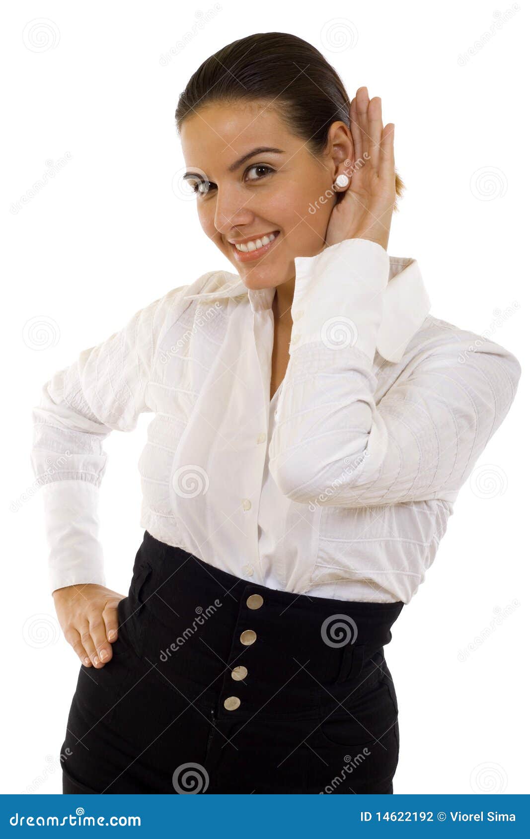 Woman with hand to ear stock photo. Image of female, elevated - 14622192