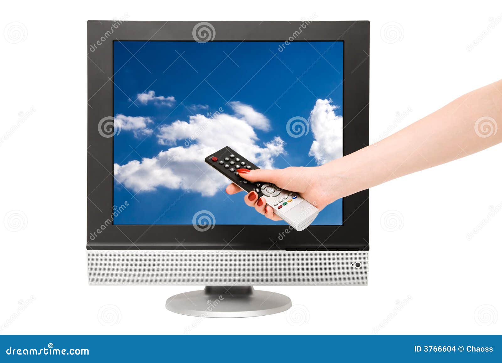 Woman Hand and Tv Screen with Blue Sky Stock Photo - Image of ...