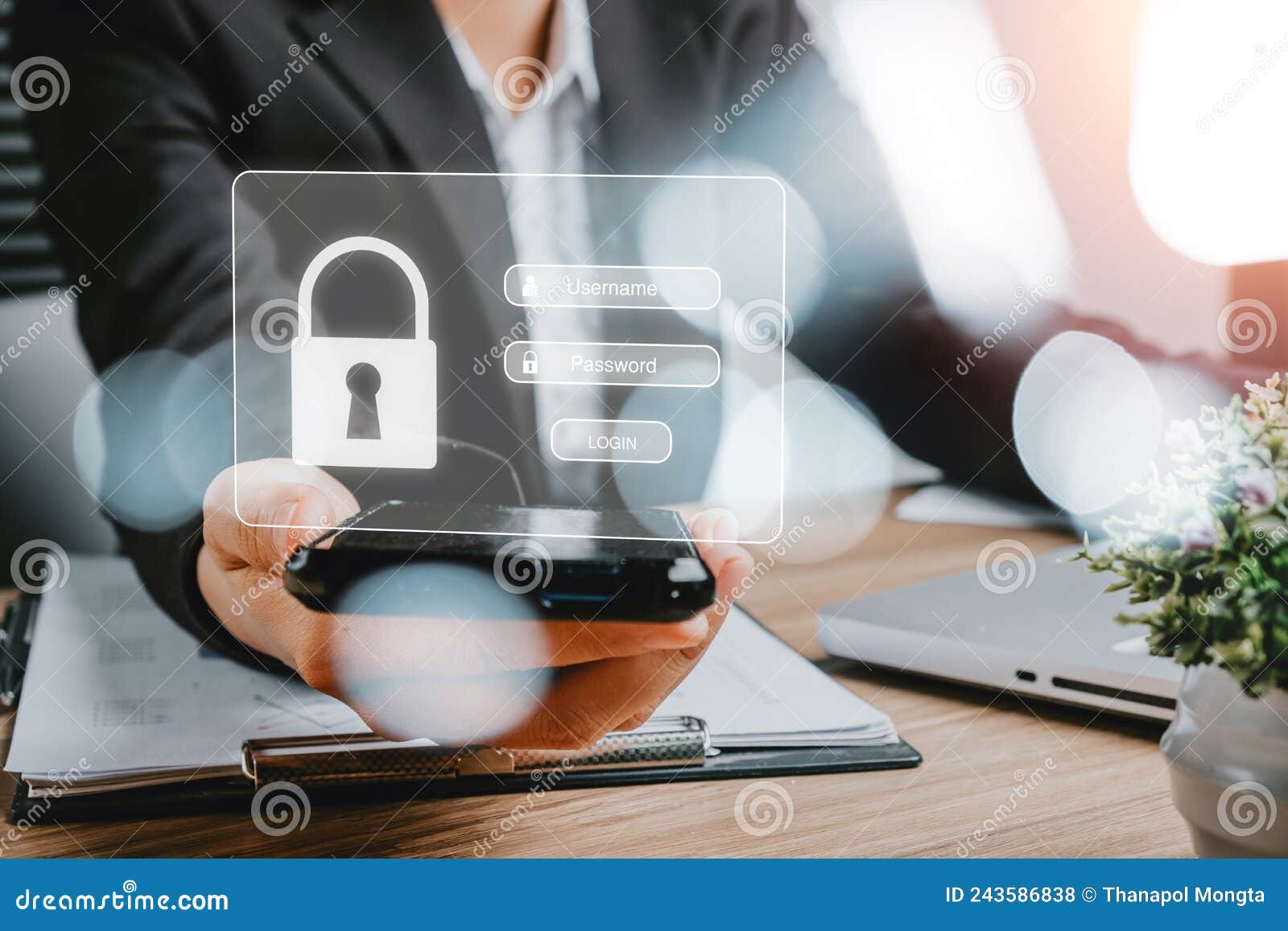Woman Hand Typing on Keyboard with Login and Password on Screen Display ...