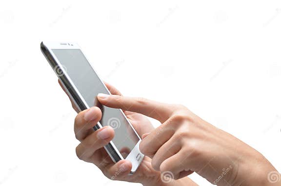 Woman Hand Using Mobile Phone Touch Screen Stock Image - Image of ...
