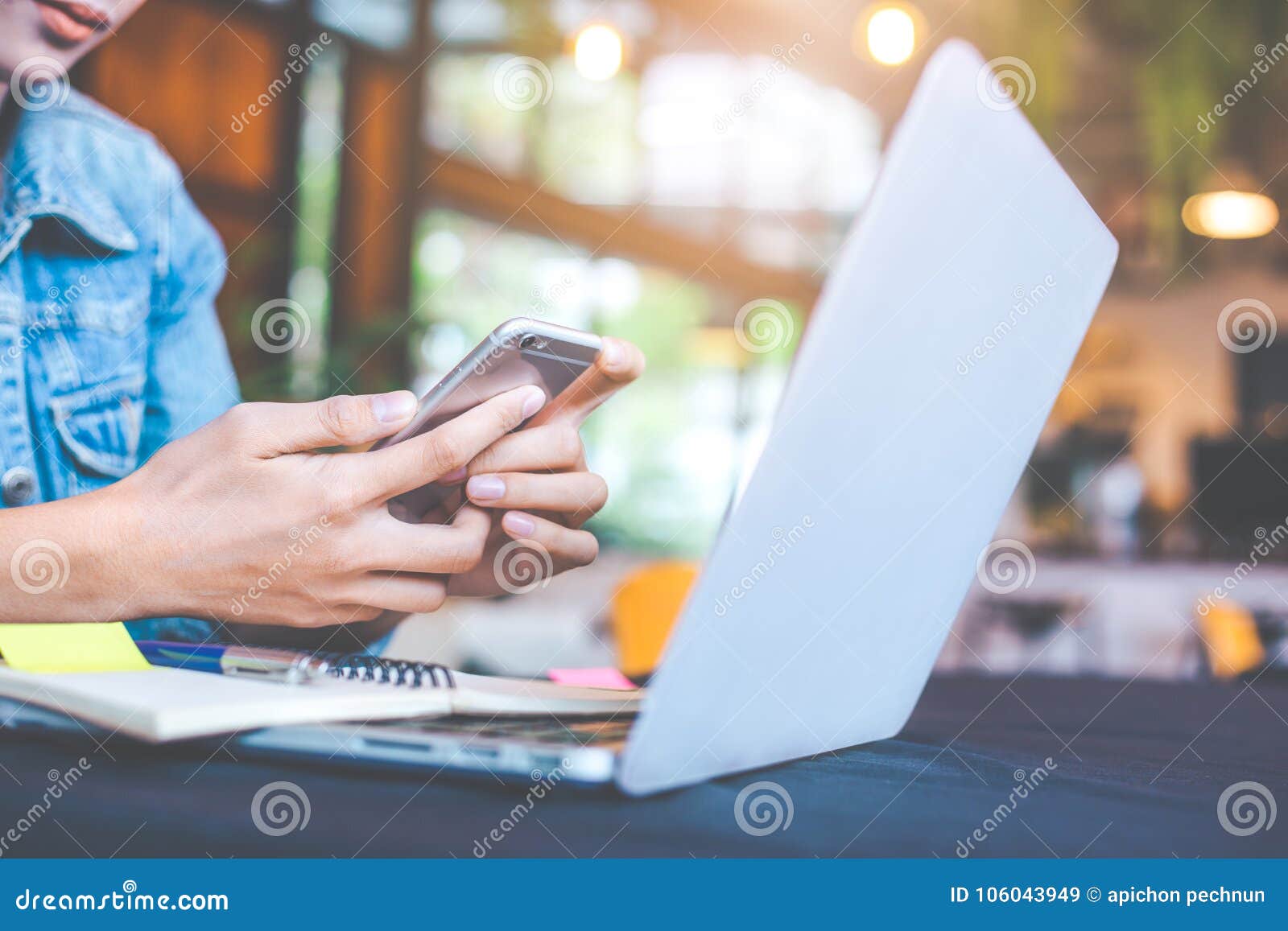 Woman Hand Using a Mobile Phone Works in the Office. Stock Image ...