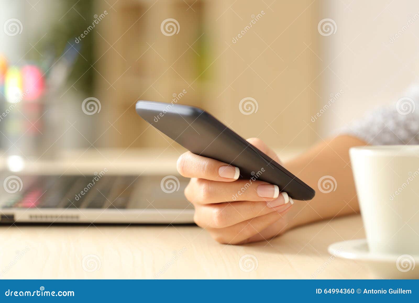 Woman Hand Using a Smart Phone on a Desk Stock Photo - Image of house ...