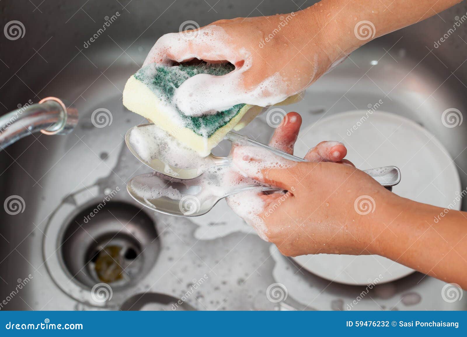 Woman Hand Washing Spoon Over the Sink Stock Photo - Image of home ...