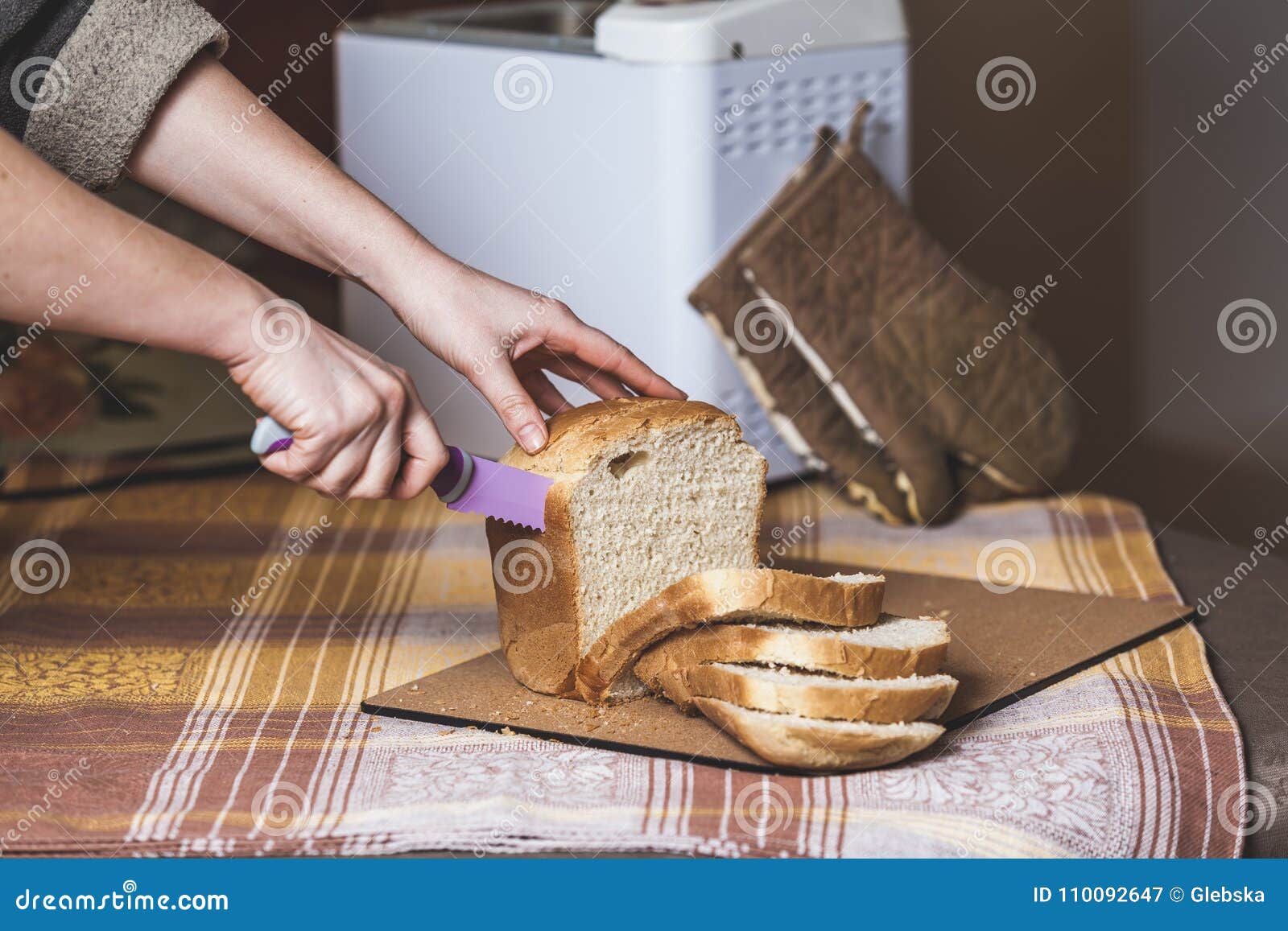 Woman Hands Slice Fresh Bread Slices with Knife Stock Image - Image of ...