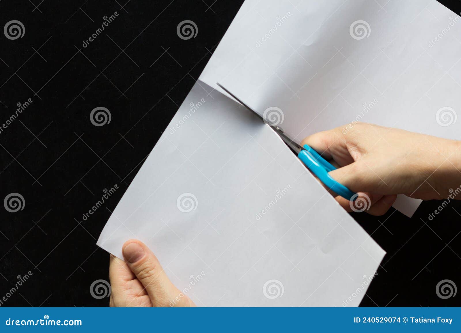 Woman Hands Cutting Rectangular Sheet of Paper in Half on the Black ...