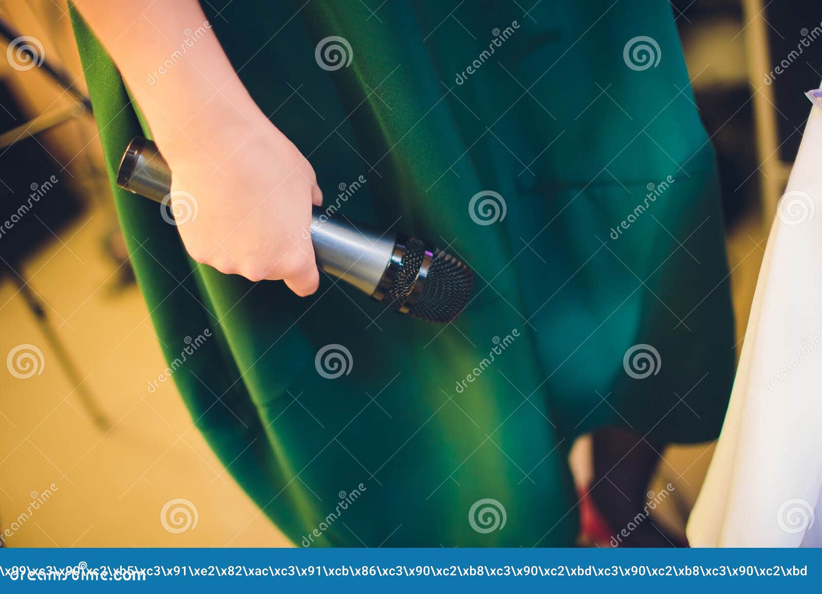 Woman Hands Holding the Microphone on Stand. Stock Photo - Image of ...
