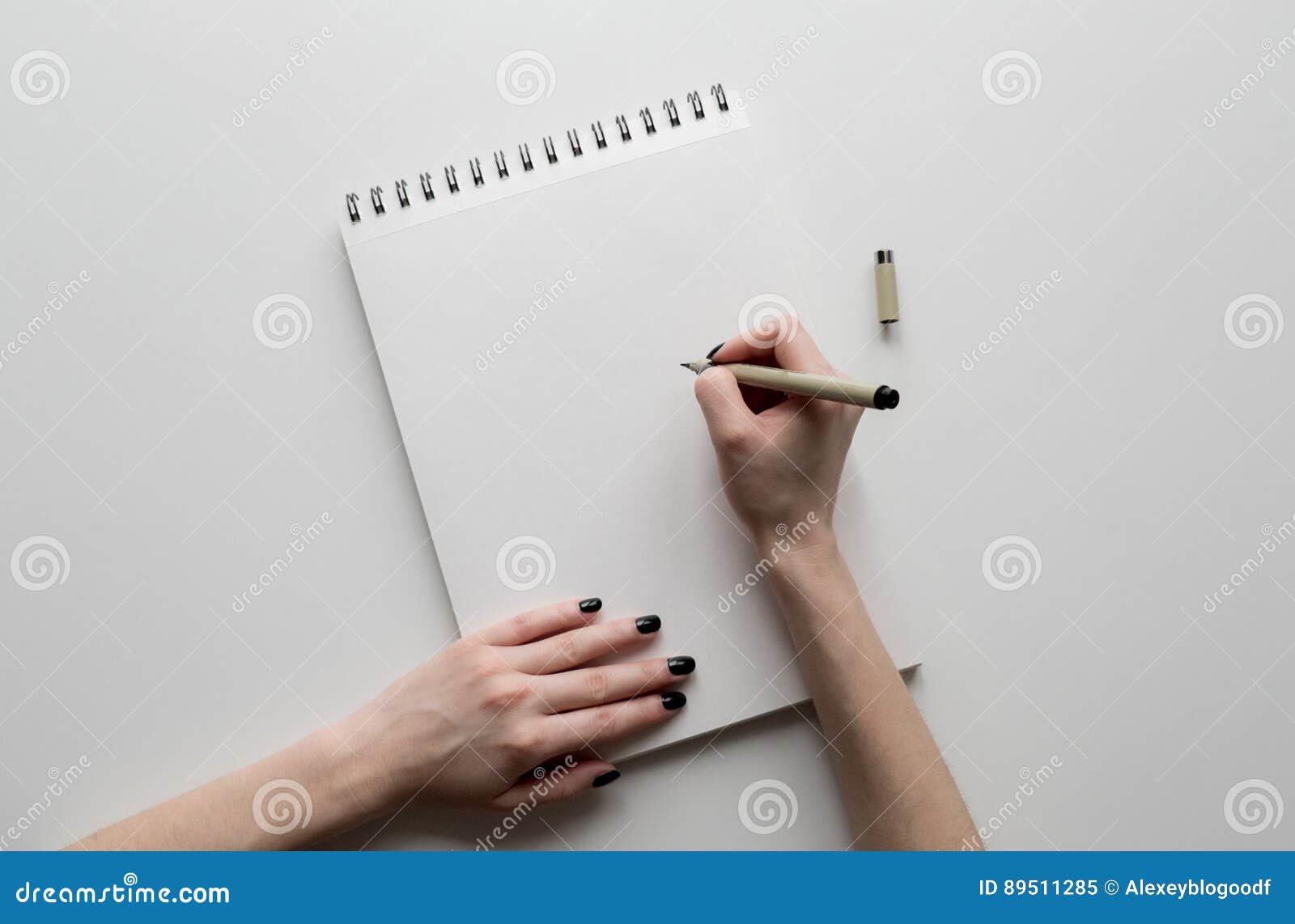 Woman Hands Holding Paper Sheet or Notebook and Pen. White Table Stock ...